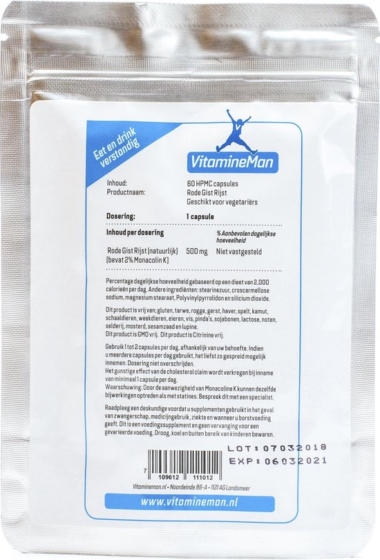 Rode Gist Rijst 500 mg ★ 10 mg Monacolin K - 2% ★ VitamineMan ★ Voor ...