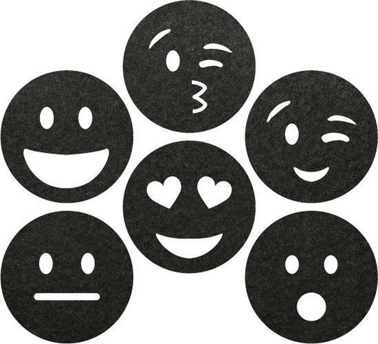 Smileys vilt onderzetters - Zwart - 6 stuks - ø 9,5 cm - Tafeldecoratie ...