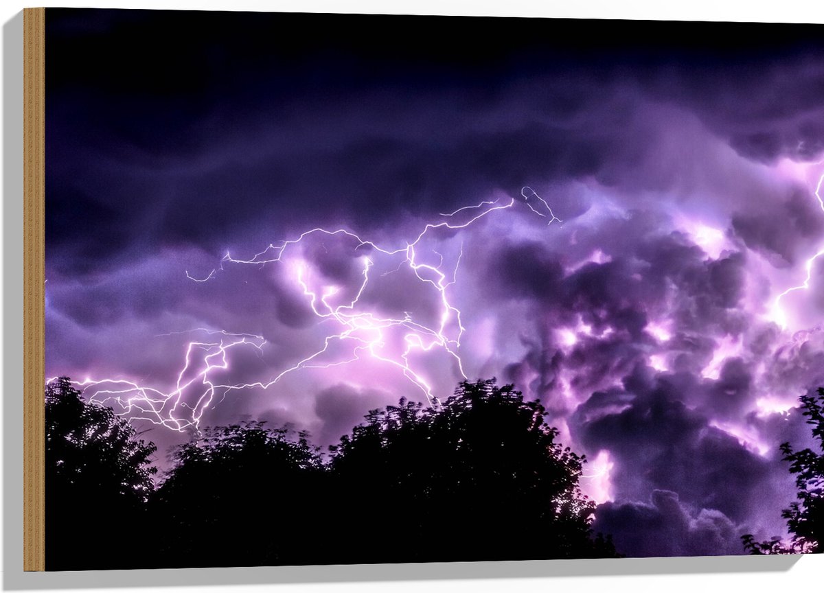 Hout - Heftige Paarse Bliksem in de Lucht boven Bomen - 75x50 cm - 9 mm ...