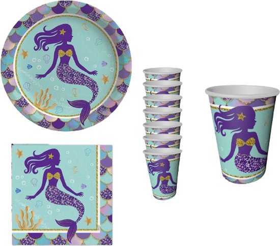 Verjaardag Set Zeemeermin- Blauw / Paars / Multicolor - Bekers ...