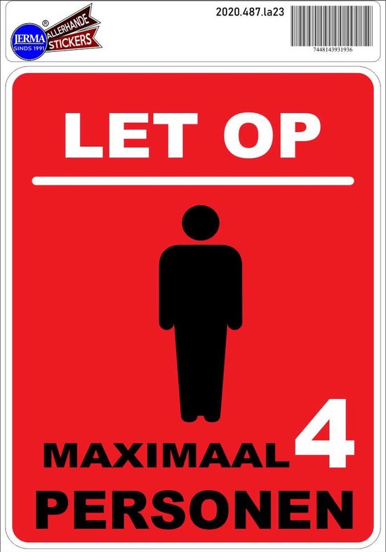 Maximaal 4 personen in deze ruimte sticker. | bol