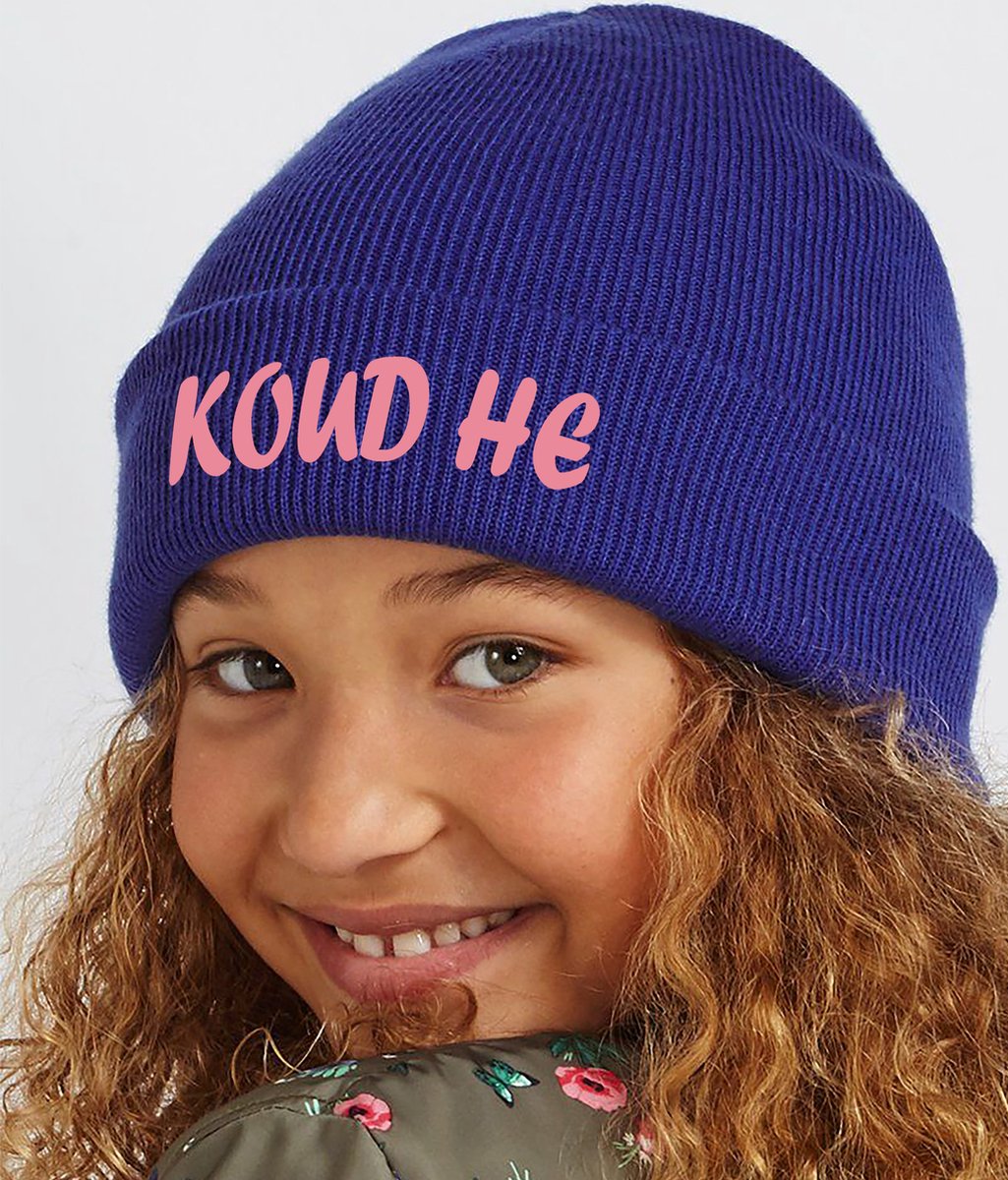 KOUD HE uniseks kinder muts - Blauw met roze tekst - Beanie - One Size ...