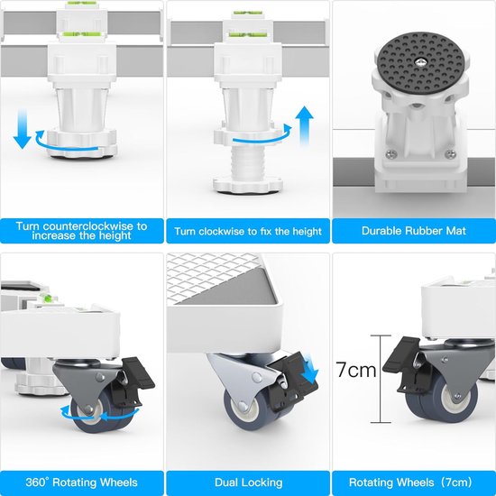 Wasmachine, onderstel met 4 poten en 4 wielen, verstelbare wasmachine ...