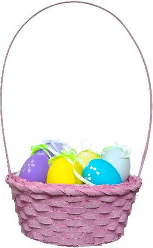 Kaemingk Rieten mandje met hengsel - 3x - roze - D20 x H38 cm - paasmandje | bol