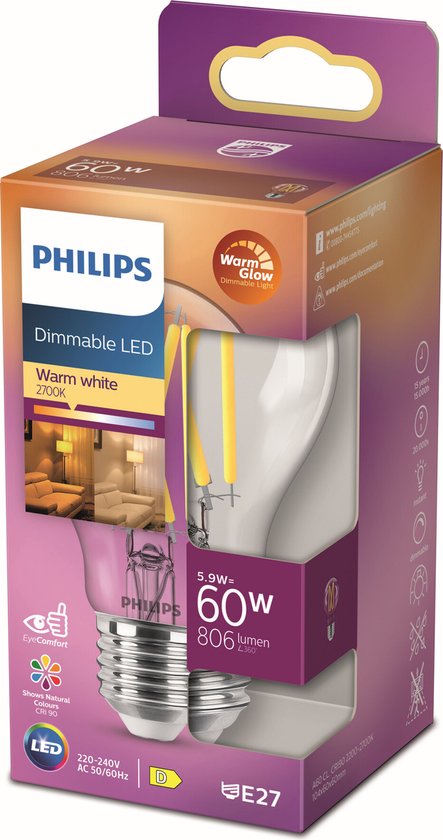 Philips LED Lamp Transparant 60W E27 Dimbaar Warm Wit Licht | bol