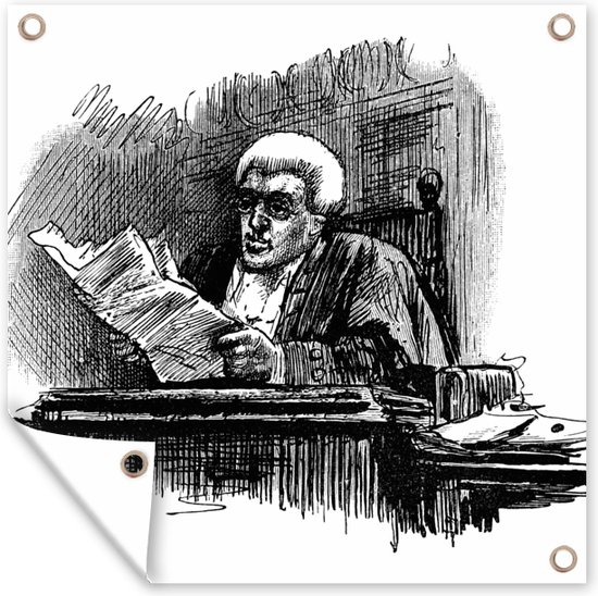 Tuin poster Een vintage tekening van een rechter die een stuk leest ...