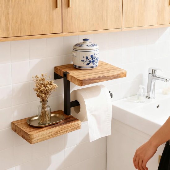 Wandgemonteerde WC-rolhouder met Houten Plank voor Opslag - Vintage ...