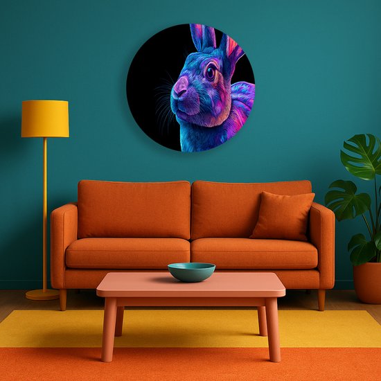 Neon konijn - Rond kunstwerk - Dibond muurcirkel - 40x40 cm | bol