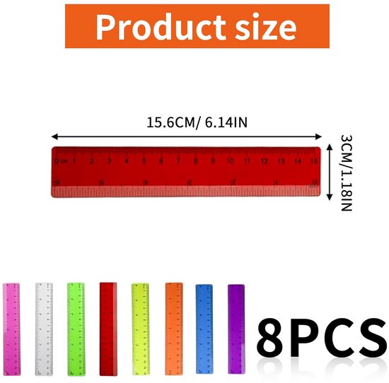 Set van 8 transparante linialen van 15 cm in diverse kleuren | bol