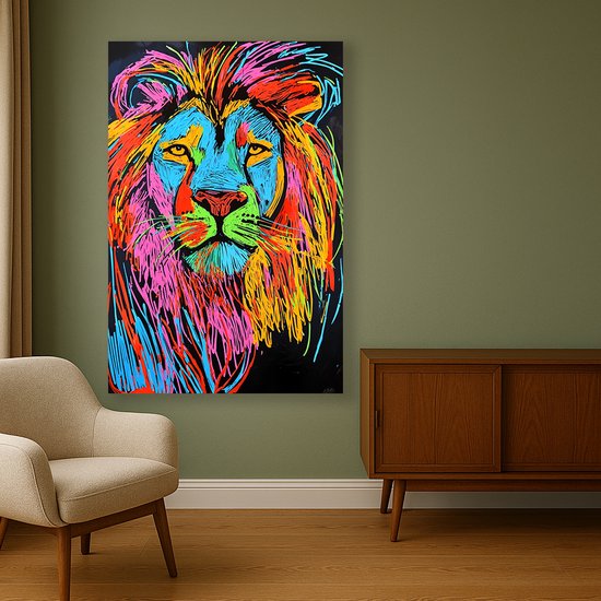 Neon leeuw - Kunstobject - Canvas schilderij - 75x100 cm | bol