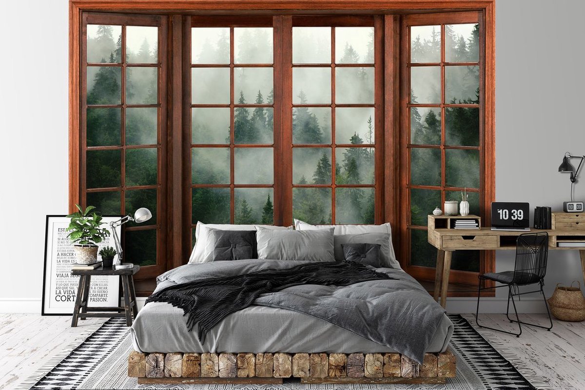 Fotobehang - Vlies Behang - Bos in de Mist 3D Raamzicht - Dennenbos ...