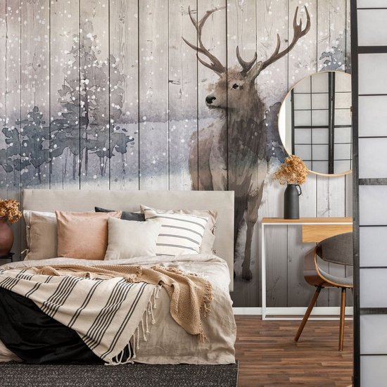 Fotobehang - Vlies Behang - Hert op Houten Planken - 520 x 318 cm | bol