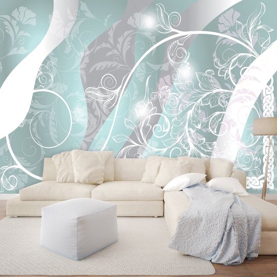 Fotobehang - Vlies Behang - Zilver en Blauw Patroon van Bladeren ...