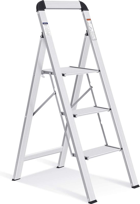 Trapladder, 3 treden, inklapbare trapladder met leuning, antislip ...