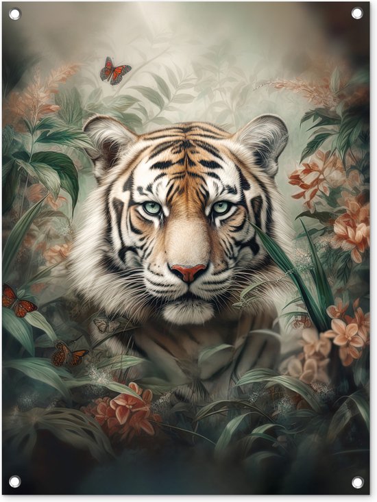 Tuinschilderij Tijger - Vlinders - Dieren - Jungle - Bloemen - 60x80 cm - Tuinposter -... | bol