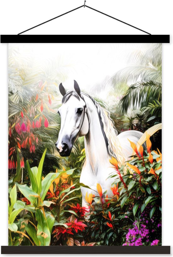 Posterhanger incl. Poster 90x120 cm - Schoolplaat - Paard - Wit - Bos - Bloemen -... | bol