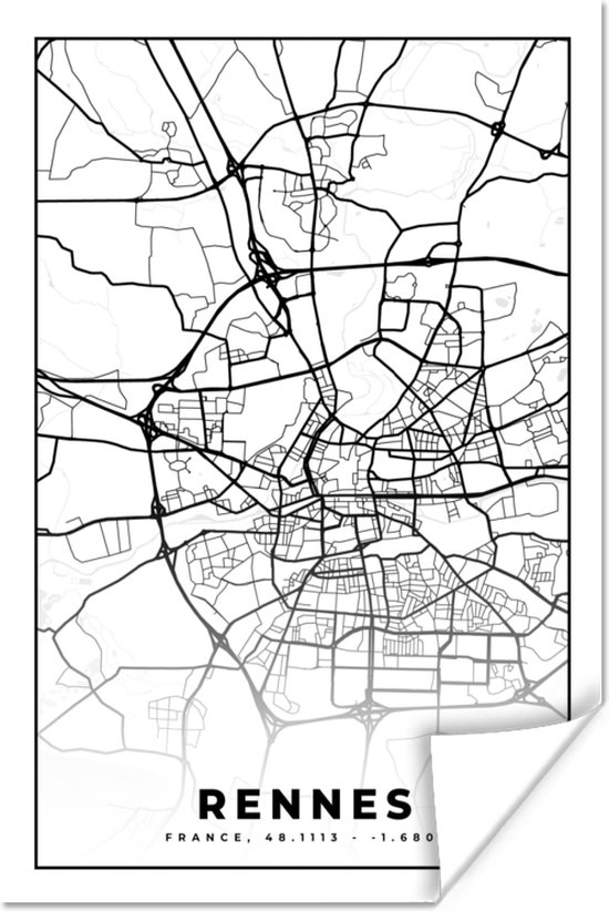 Affiche France - Carte - Rennes - Plan de Ville - Carte - Zwart et ...