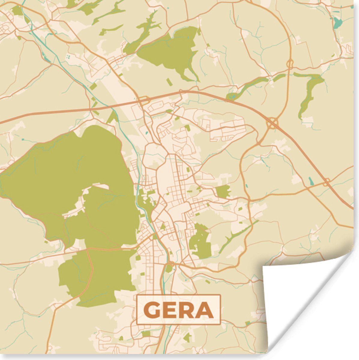 Poster Kaart - Plattegrond - Gera - Vintage - Stadskaart - 100x100 cm ...