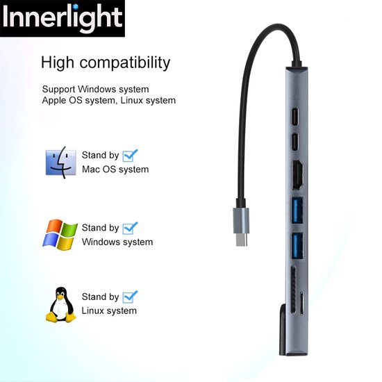 Innerlight® Connect+ 8 in 1 USB C Hub - USB splitter - USB Hub - USB C dock - USB 3.0... | bol