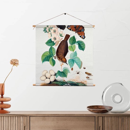 Textielposter Prent Natuur Vogel en Bloemen 03 Vierkant XL (60 X 60 CM) - Wandkleed -... | bol