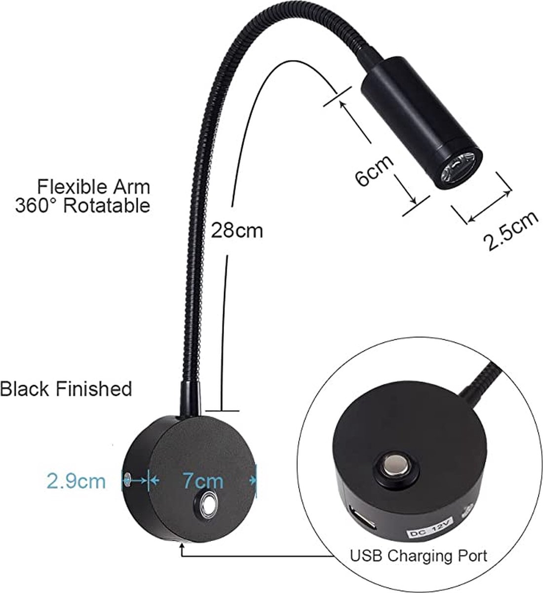 12V Leeslamp/nachtlamp dimbaar met USB lader voor Camper of slaapkamer ...