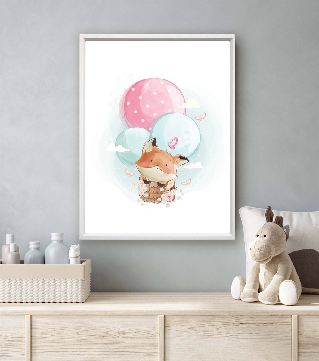 PosterDump - Vosje in een luchtballon met vlinders - Baby / kinderkamer ...