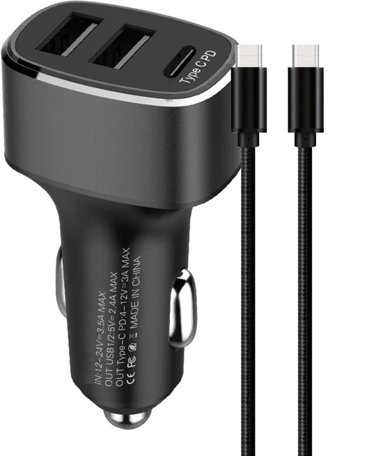 Autolader USB C met USB C Oplader Kabel - 1 Meter - Nylon Gevlochten ...