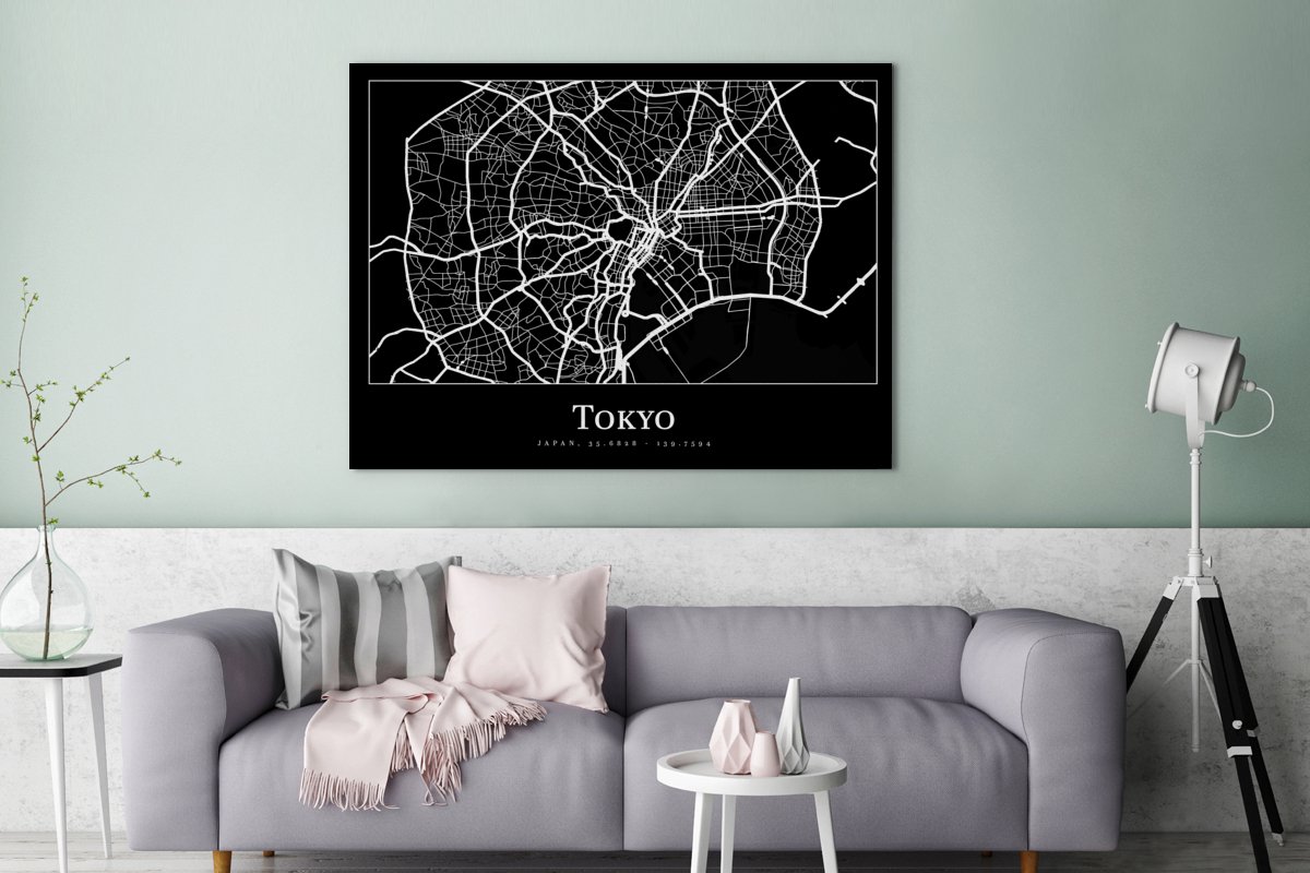Canvas Schilderij Kaart - Tokio - Stadskaart - Plattegrond - Tokyo ...