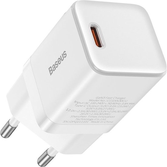 Baseus GaN3 USB-C Snellader 30W Power Delivery Adapter Wit | bol.com