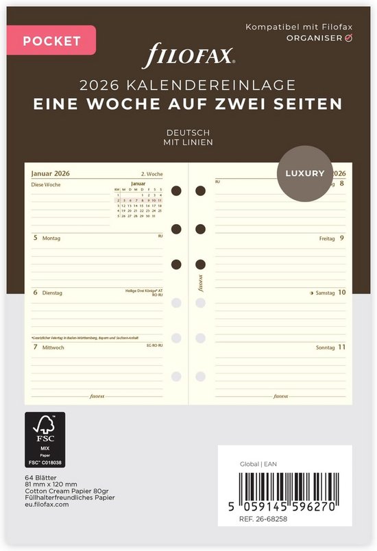 Pocket Kalender 2026 – 1 Week op 2 Pagina's – Katoenen Cover | bol