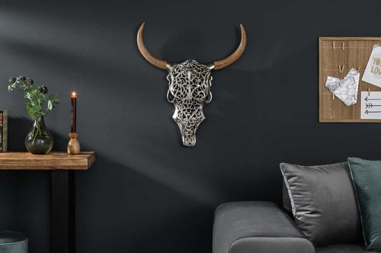 Extravagante wanddecoratie EXOTIC BULL 57cm zilveren mangohouten ...