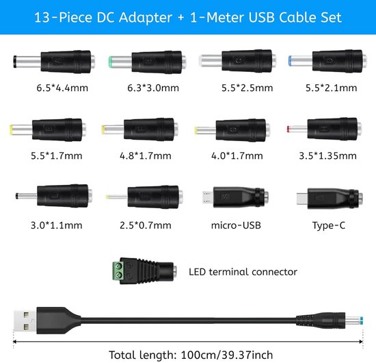 Câble de Charge USB vers DC Universel 5,5 mm avec 13 Embouts | bol