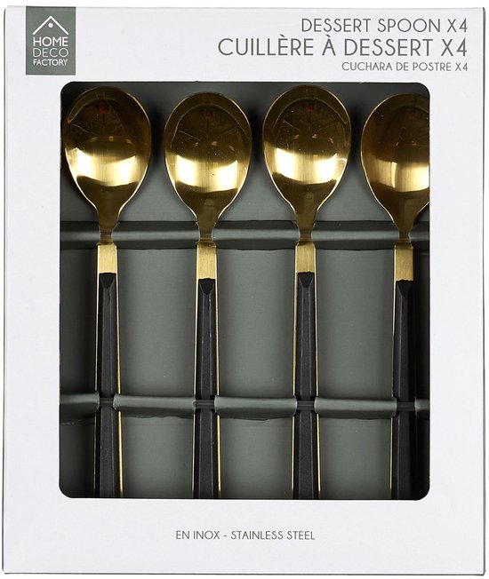 Home Deco Factory Dessertlepels - 4x stuks - zwart/goud - RVS - 15 cm ...