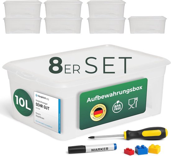 Transparante Opbergdozen met Deksel - 10L, Stapelbaar en Nestbaar - 8 ...