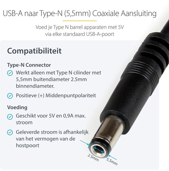USB naar 5.5mm Barrel Stroomkabel (Type N) - 1 Meter - Voor 5V ...