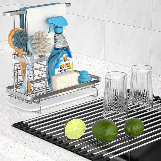 RVS Gootsteen Organizer Set: Sponzenhouder en Opvouwbaar Droogrek voor ...