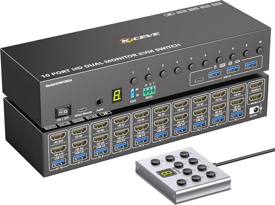10 Port HDMI KVM Switch 2 Monitor 4K@60Hz EDID Simulation, Dual Monitor ...