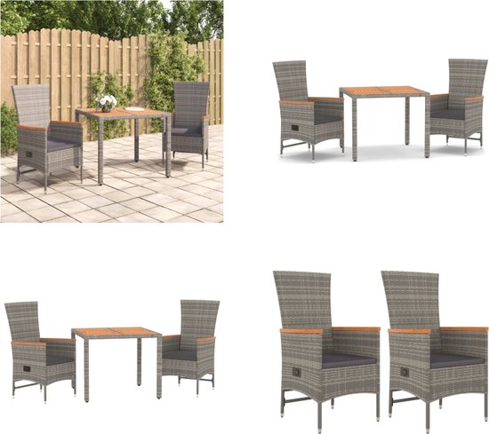 vidaXL 3-delige Tuinset met kussens poly rattan grijs - Tuinset ...