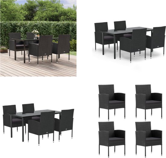 vidaXL 5-delige Tuinset met kussens poly rattan zwart - Tuinset ...