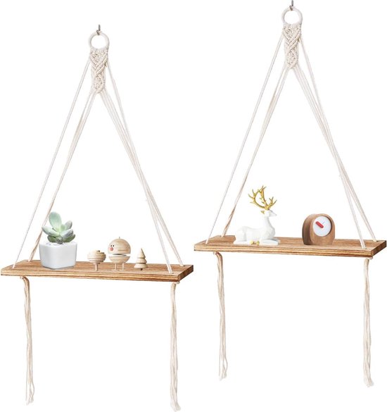 Macramé wandrek, houten rek, boho, decoratie, hangplank, katoenen touw ...