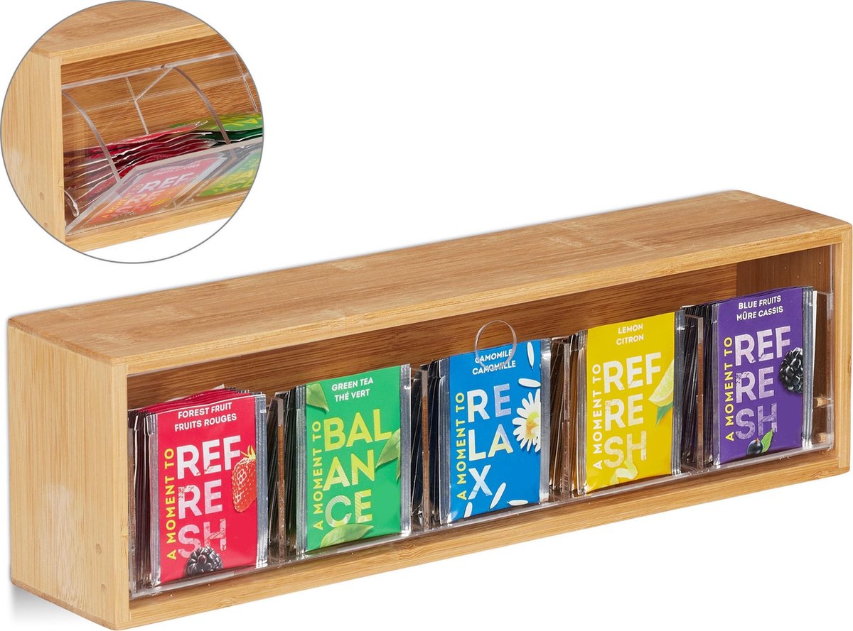 Relaxdays theedoos 5 vaks - theekist - theezakjeshouder - bamboe - voor ...