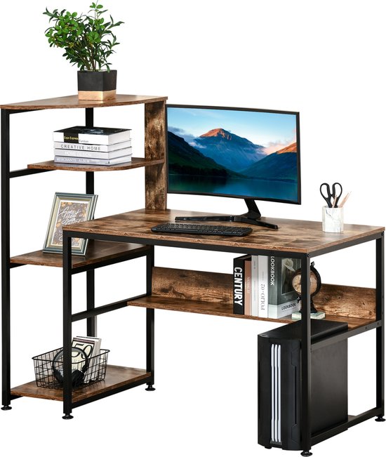 HOMCOM Bureau PC-tafel met 4 schappen computertafel verstelbaar metaal ...