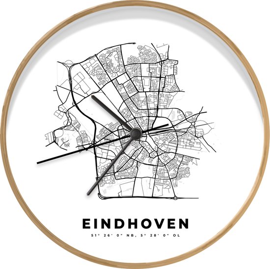 Klok - Ø 30 cm - Nederland – Eindhoven – Stadskaart – Kaart – Zwart Wit ...
