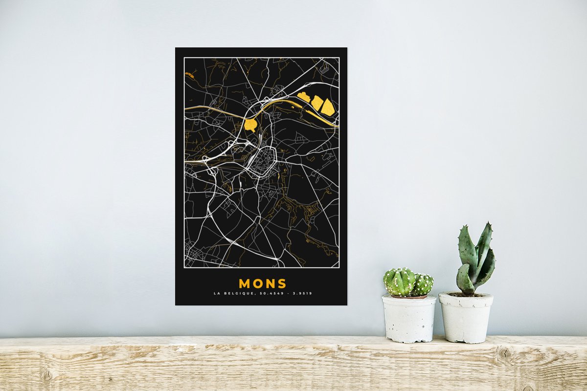 Poster Mons - Black & gold - Stadskaart - Plattegrond - Kaart - 20x30 ...