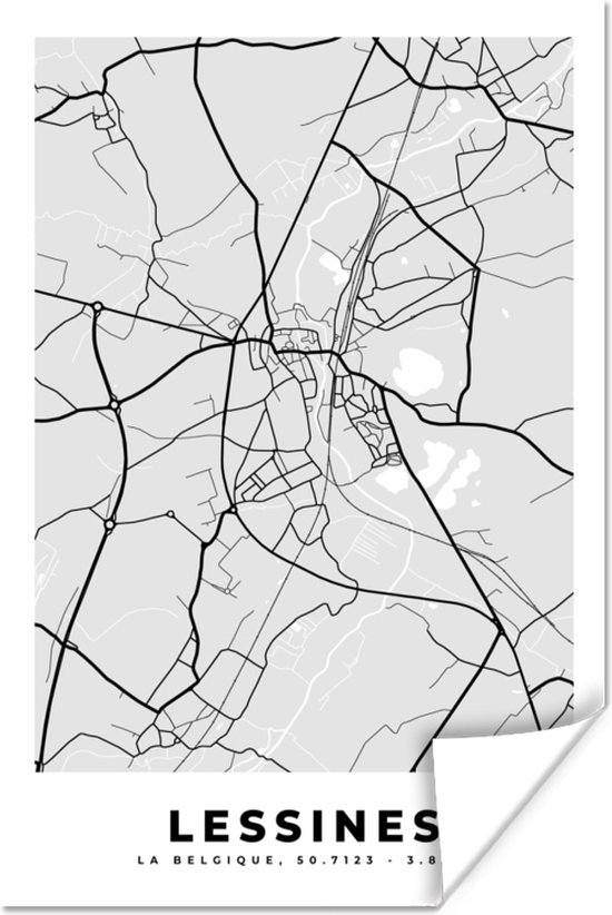 Affiche Plan de Ville – Carte – België – Zwart Wit – Lessines – Carte ...