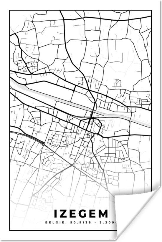 Poster België – Izegem – Stadskaart – Kaart – Zwart Wit – Plattegrond ...
