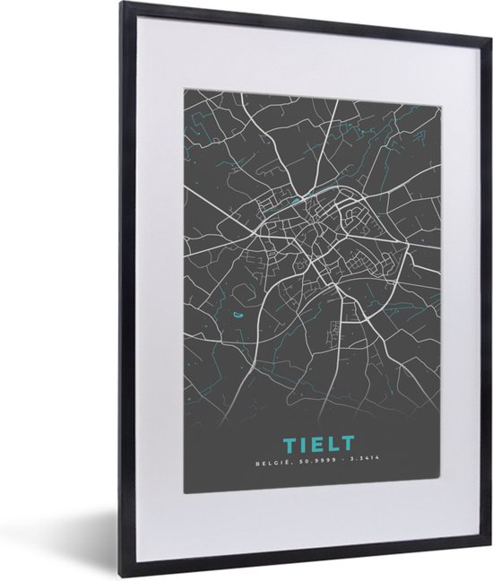 Fotolijst incl. Poster - België – Tielt – Stadskaart – Kaart – Blauw ...