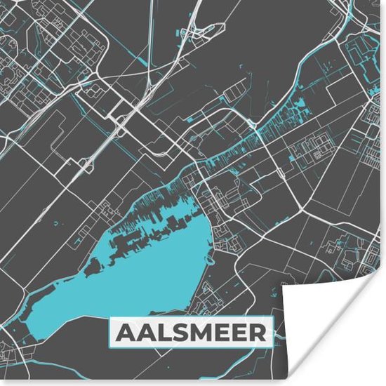 Poster Plattegrond - Aalsmeer - Grijs - Blauw - 100x100 cm XXL ...
