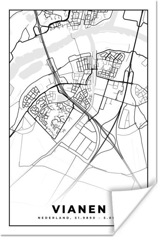 Poster Kaart - Vianen - Zwart - Wit - 60x90 cm | bol