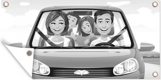 Schuttingposter tekening van een familie in de auto - zwart wit ...
